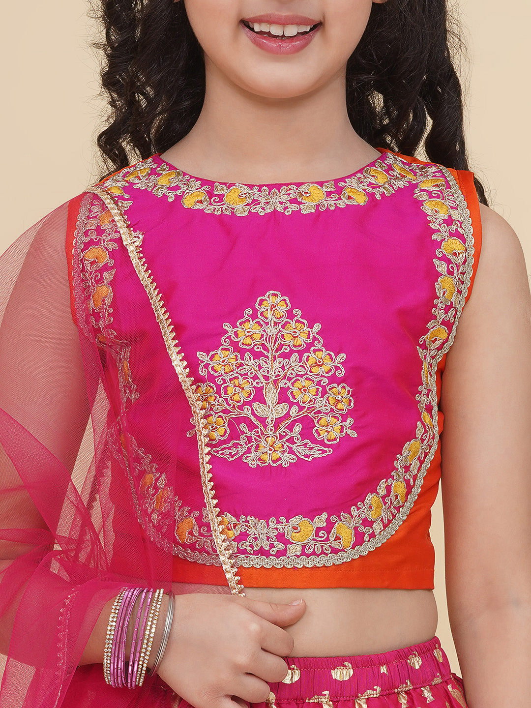 Bitiya by Bhama Girls Orange & Pink Embroidered Choli & Ready to Wear