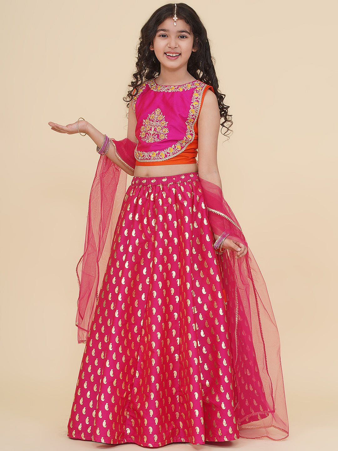 Bitiya by Bhama Girls Orange & Pink Embroidered Choli & Ready to Wear