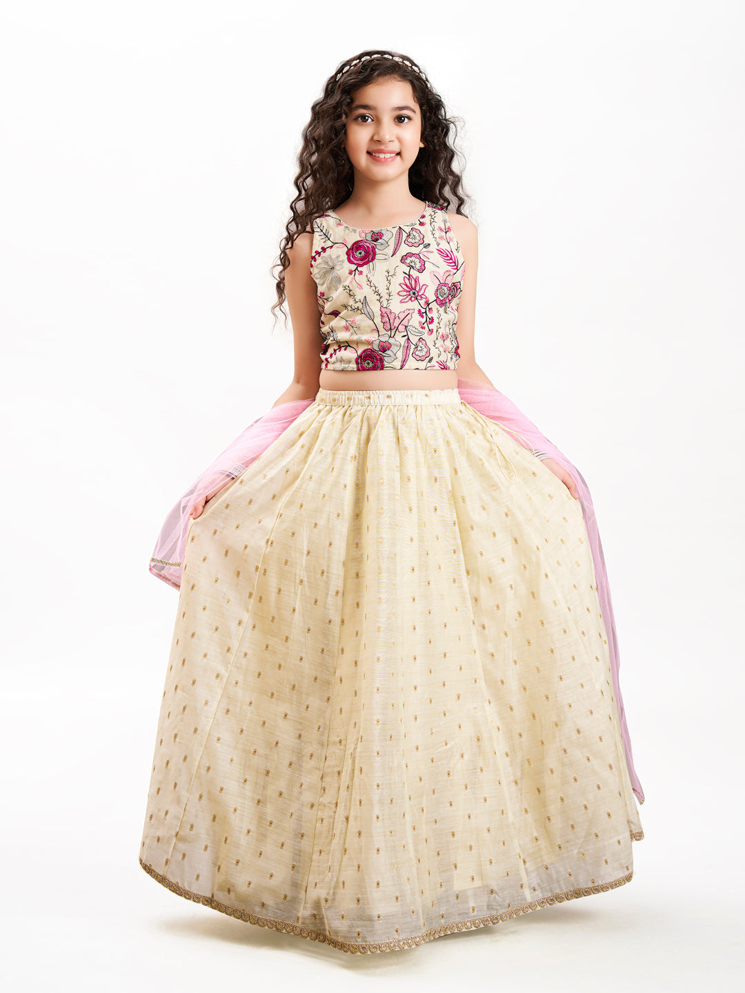 Bitiya by Bhama Girls Off white & Pink with Embroidered Ready to Wear