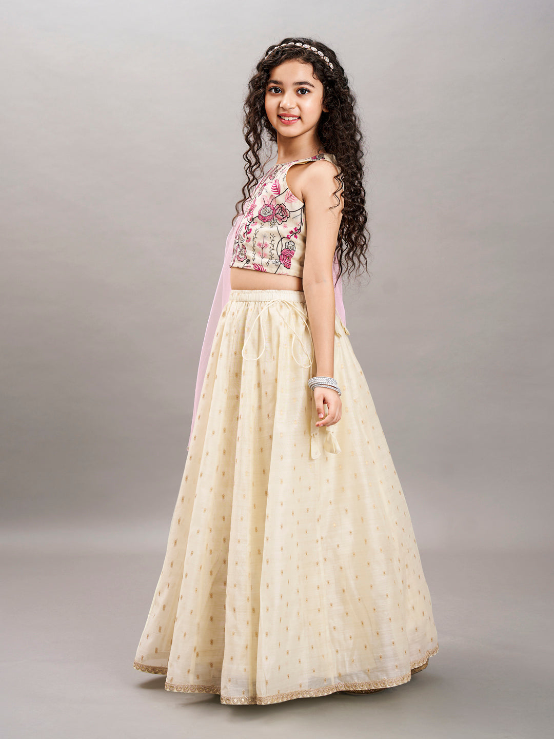 Bitiya by Bhama Girls Off white & Pink with Embroidered Ready to Wear