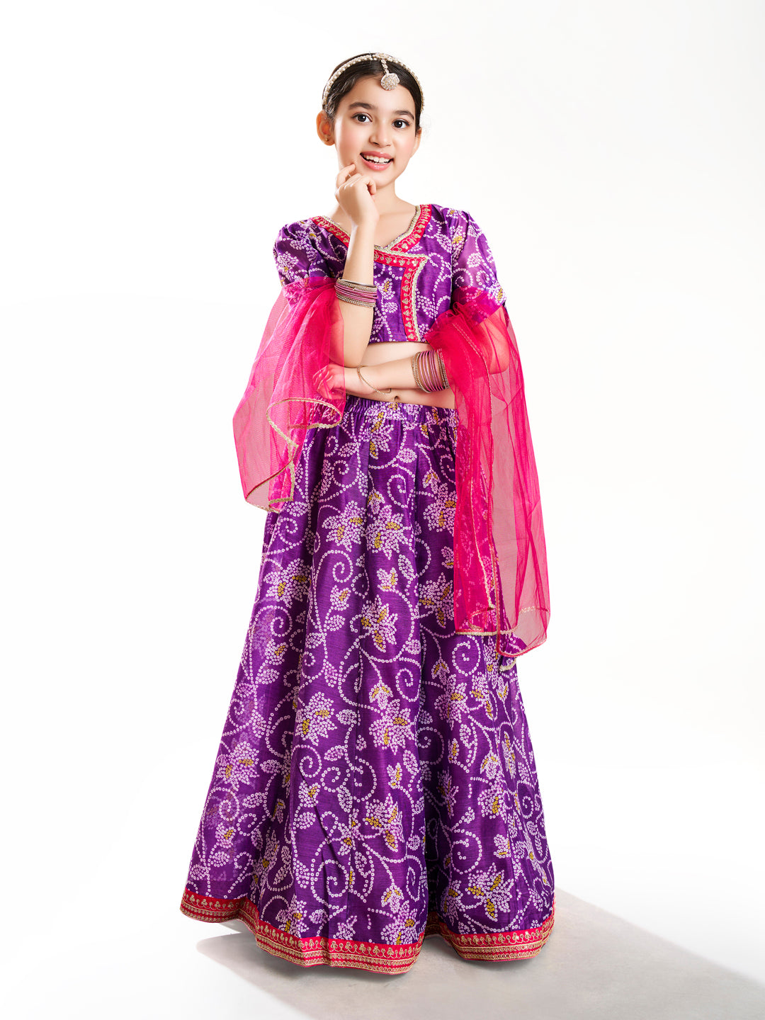 Bitiya by Bhama Girls Purple & Pink Bandhej Digital Print Ready to Wea
