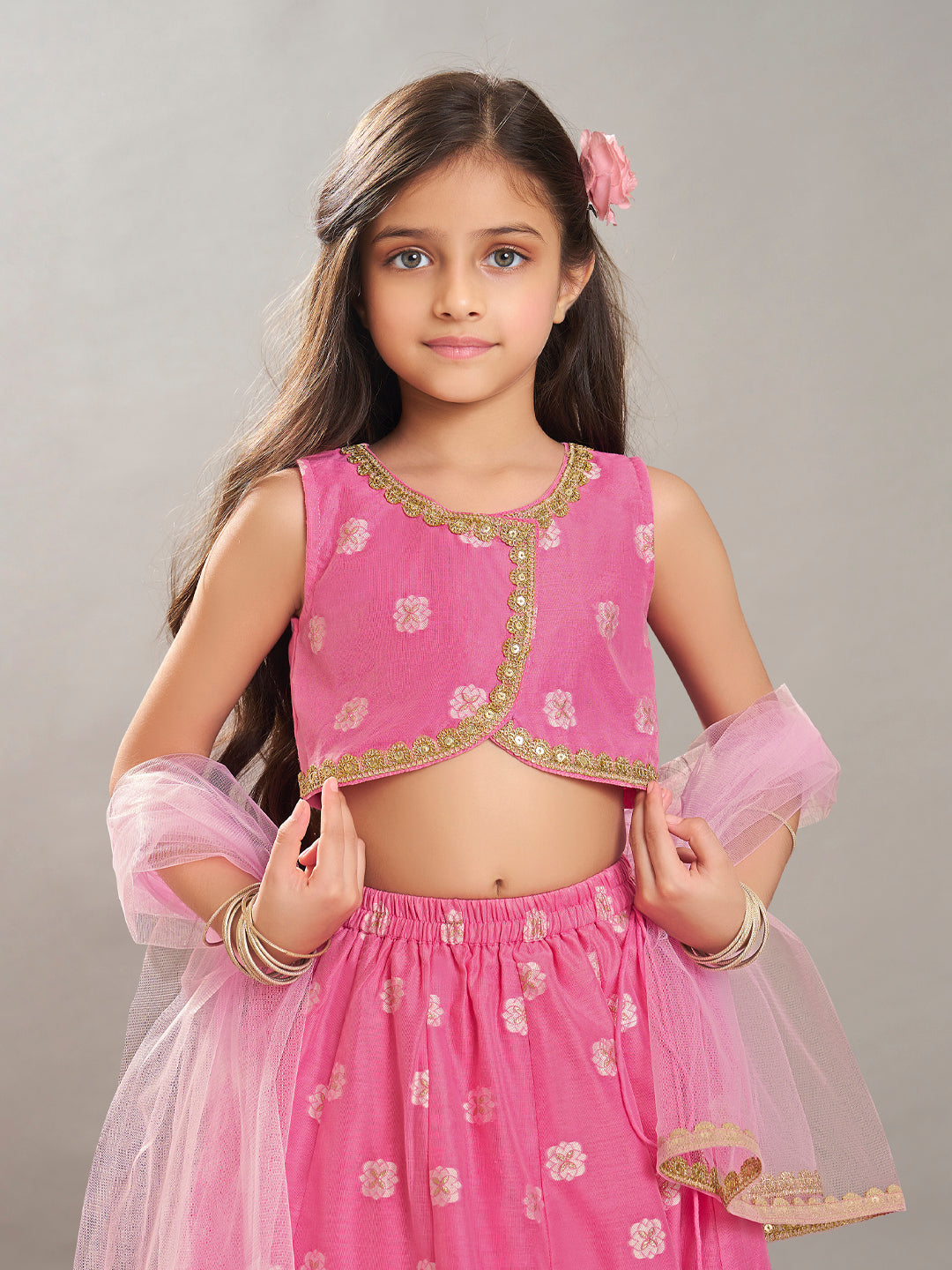 Bitiya by Bhama Girls Pink Jacquard Booti Ready to Wear Lehenga & Chol