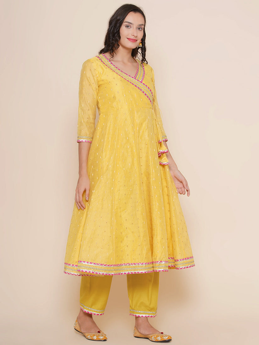 Shop Bhama Couture Yellow Self Booti Design Angrakha Style Kurta ...