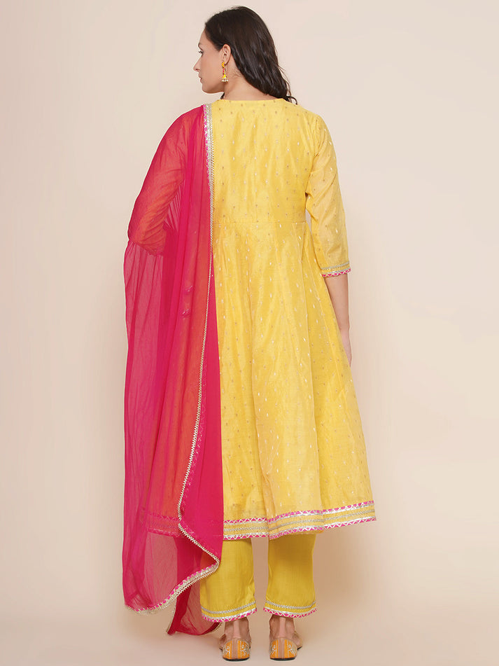 Shop Bhama Couture Yellow Self Booti Design Angrakha Style Kurta ...